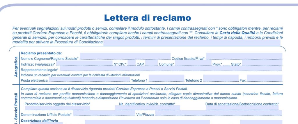 MODULO RECLAMO POSTE ITALIANE WORD E PDF