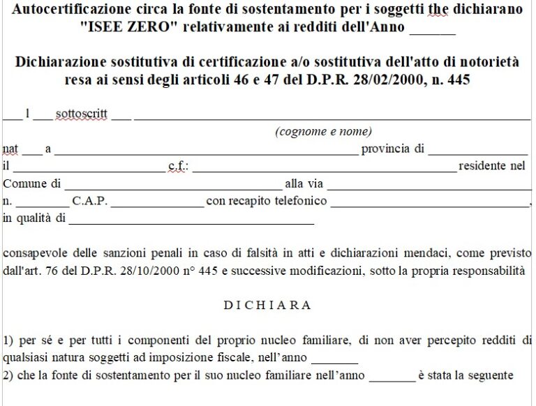 MODELLO AUTOCERTIFICAZIONE REDDITO ZERO WORD E PDF
