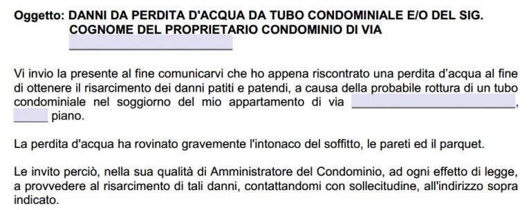 MODELLO LETTERA RICHIESTA RISARCIMENTO DANNI PER INFILTRAZIONE ACQUA WORD E PDF