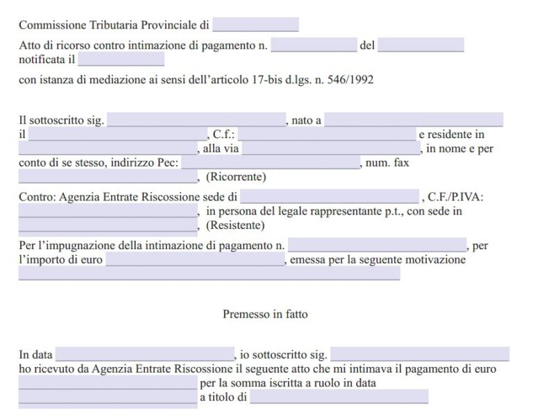 Fac Simile Ricorso Avverso Intimazione di Pagamento Agenzia delle ...