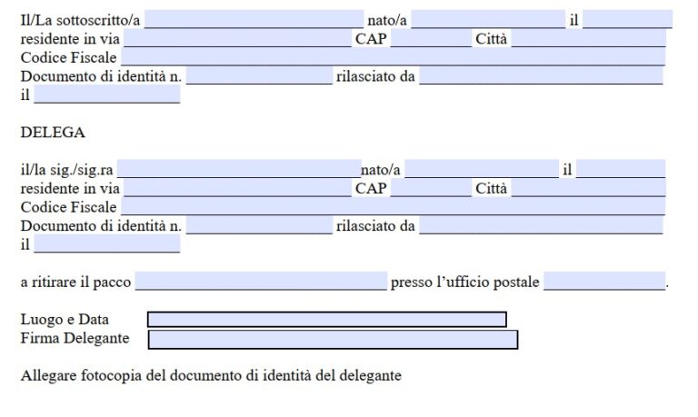 Modulo Delega per Ritiro Pacco Poste Italiane Word e PDF