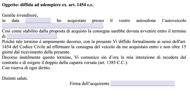 Fac Simile Lettera di Diffida per Mancata Consegna Auto Word e PDF