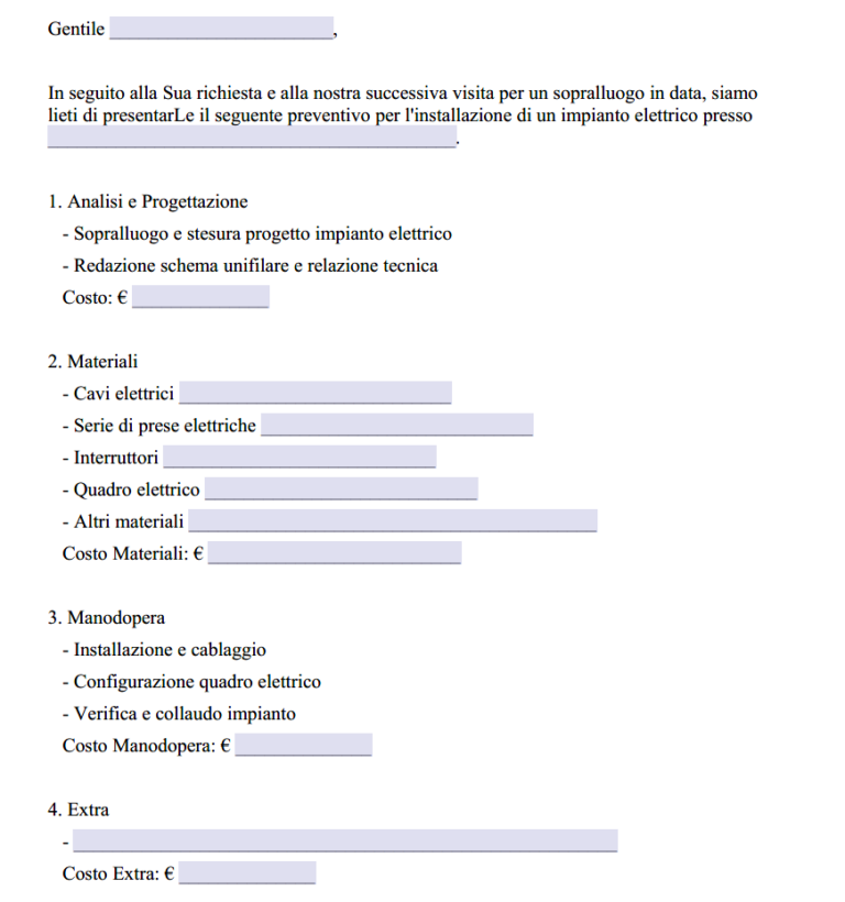 Modello Preventivo per Impianto Elettrico Word e PDF