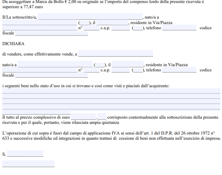 Fac Simile Ricevuta Vendita Occasionale Word e PDF