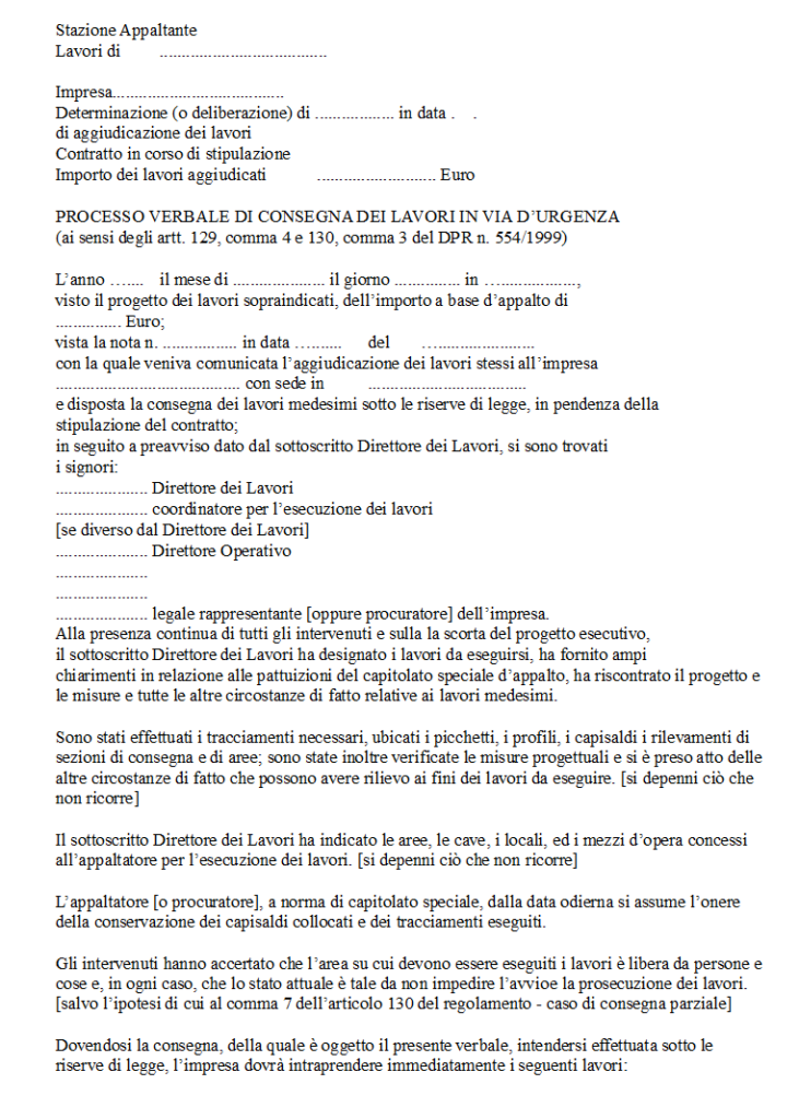 Modello Verbale di Consegna Lavori in Via d'Urgenza