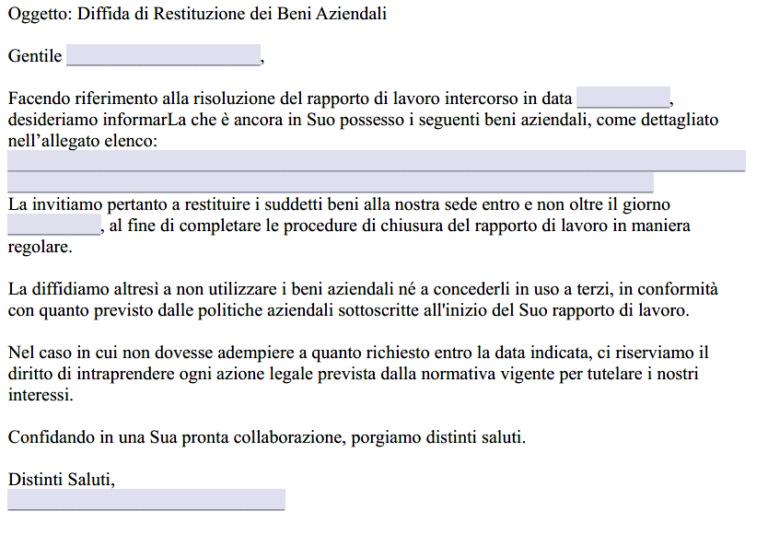 Lettera Richiesta Restituzione Beni Aziendali Word e PDF
