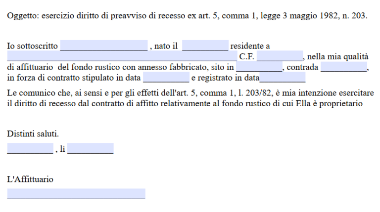 Fac Simile Recesso Anticipato Contratto Affitto Terreno Agricolo Word e PDF