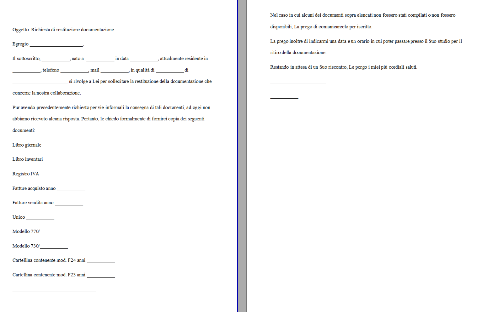 Fac Simile Restituzione Documenti Commercialista Word e PDF