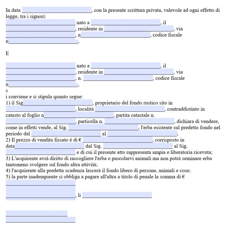 Fac Simile Contratto Vendita Erba in Piedi Word e PDF