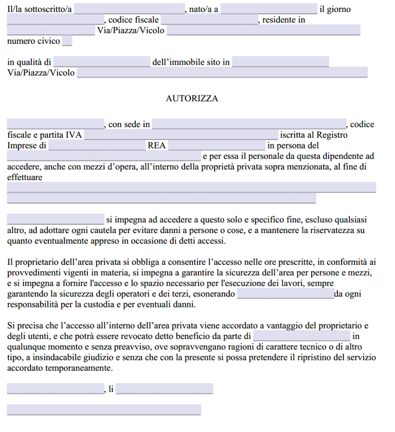 Modello Autorizzazione Accesso Proprietà Privata per Lavori Word e PDF