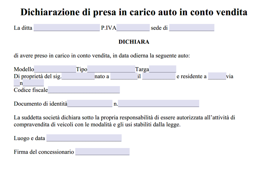 Modulo Dichiarazione Conto Vendita Auto Word e PDF