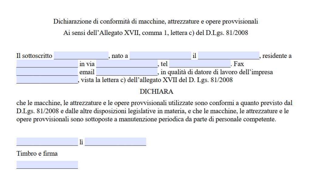 Fac Simile Dichiarazione di Conformità Macchine e Attrezzature Word e PDF