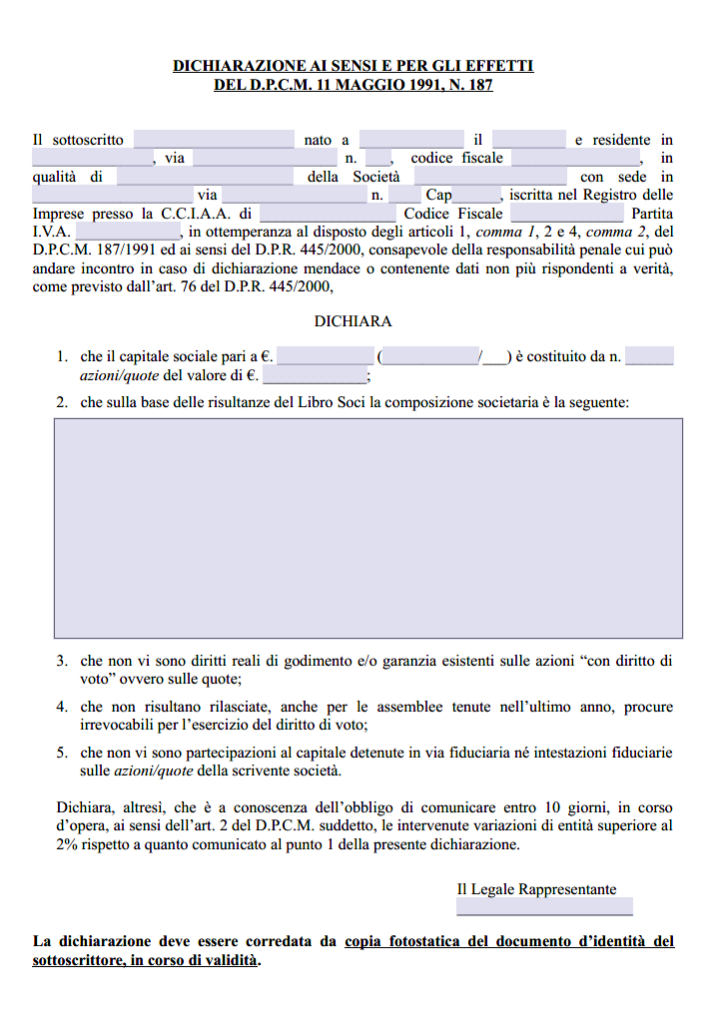 Fac Simile Dichiarazione Composizione Societaria Dpcm 187/91 Word e PDF