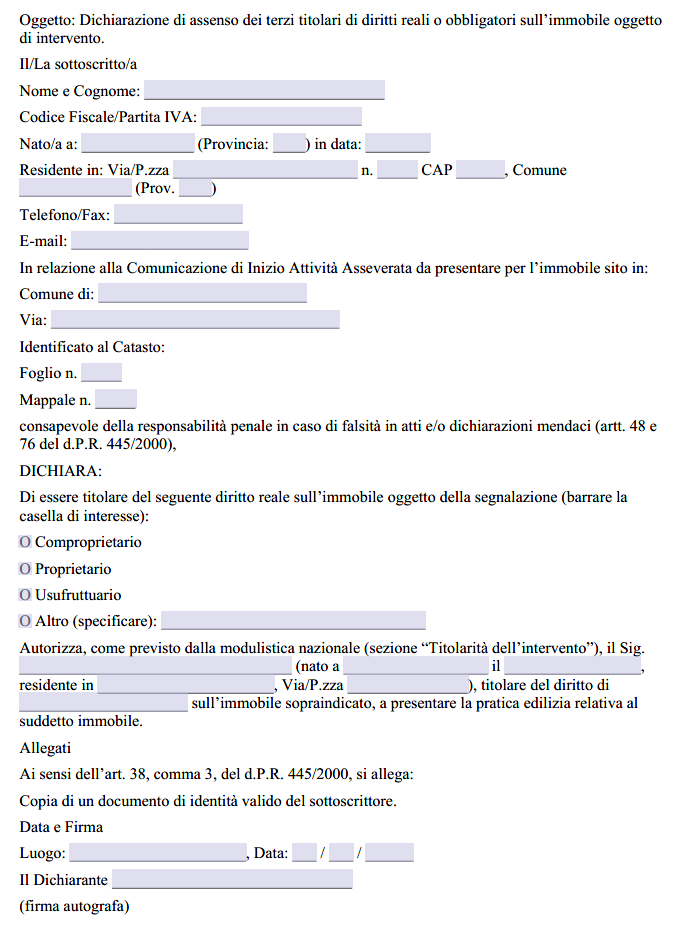 Modulo Dichiarazione di Assenso dei Terzi Titolari di Altri Diritti ...