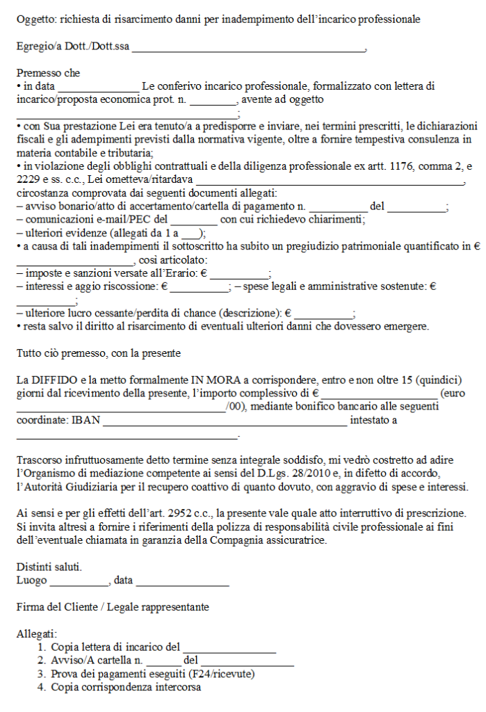 Fac Simile Richiesta Risarcimento Danni a Commercialista