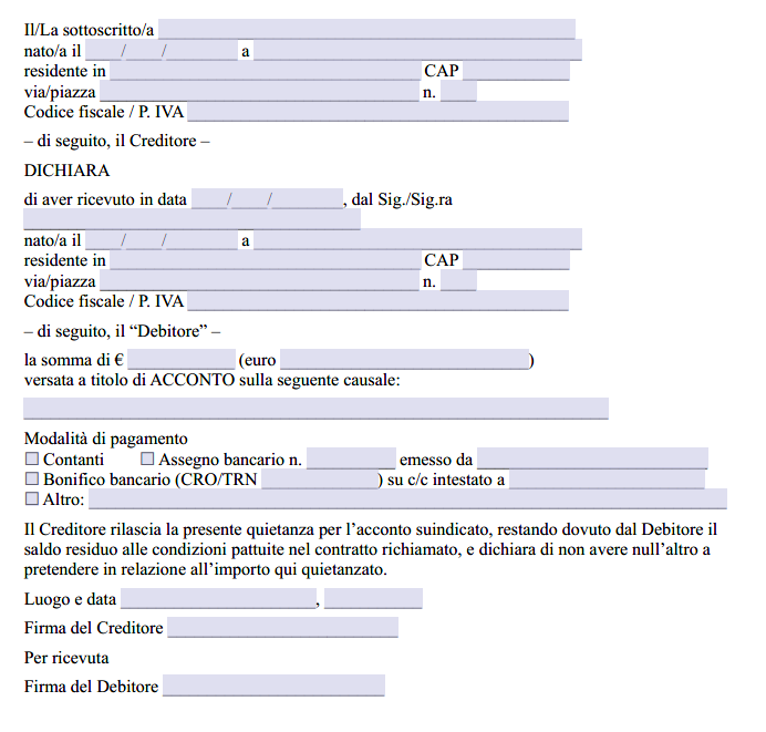 Fac Simile Quietanza di Pagamento per Acconto Word e PDF