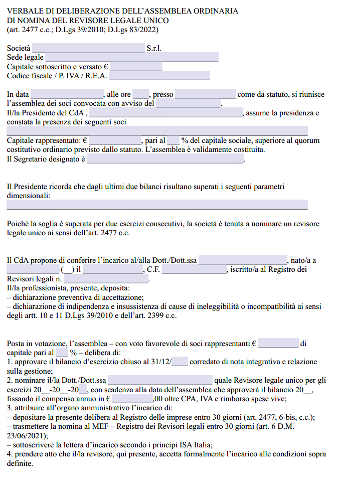 Fac Simile Verbale Nomina Revisore Unico Srl Word e PDF